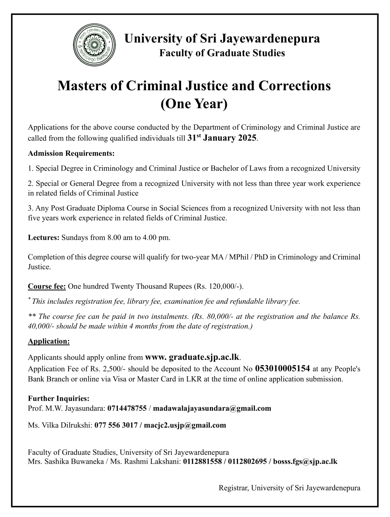 Masters of Criminal Justice and Corrections (One Year) – 2025 – Faculty ...