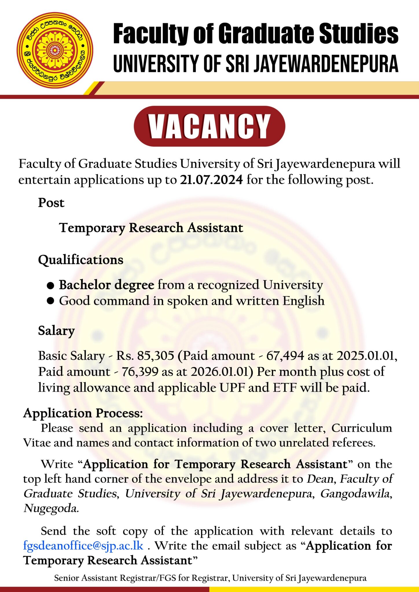 Vacancy – Post of Temporary Research Assistant – Faculty of Graduate ...